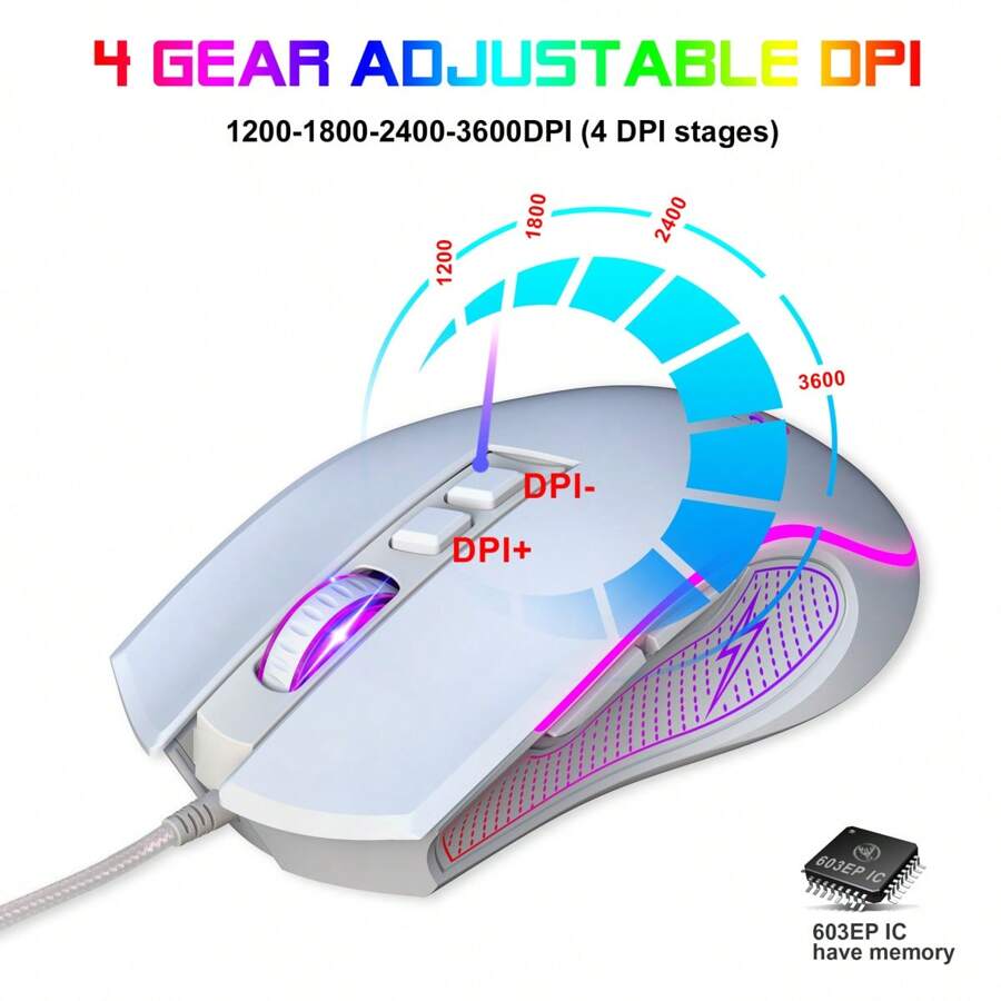 HXSJ HXSJ Wired USB Mouse With Colored Backlight, 3600DPI Adjustable ...