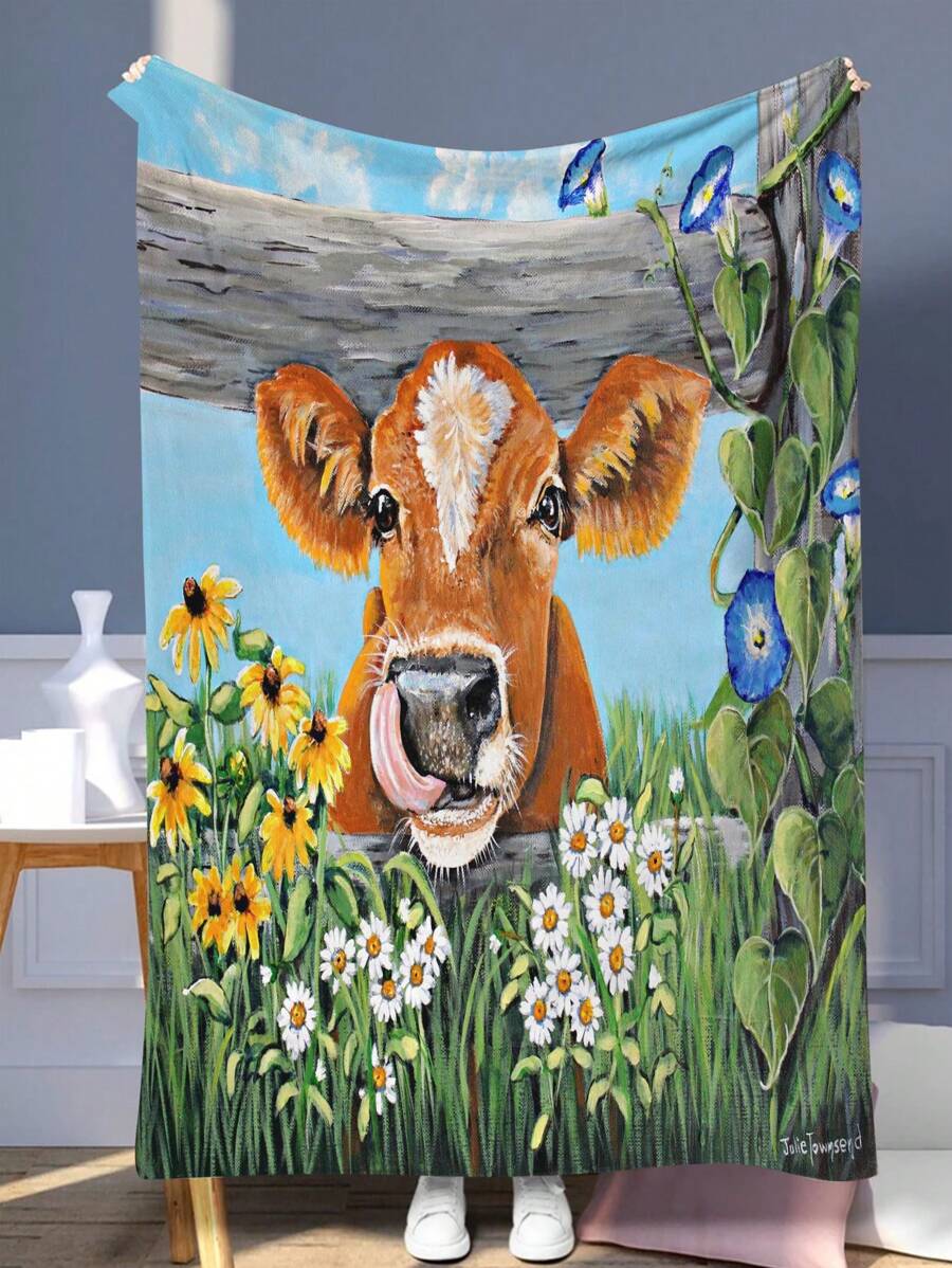 1pc Super Soft Flannel Fleece Blanket With Personalized Floral Cow ...
