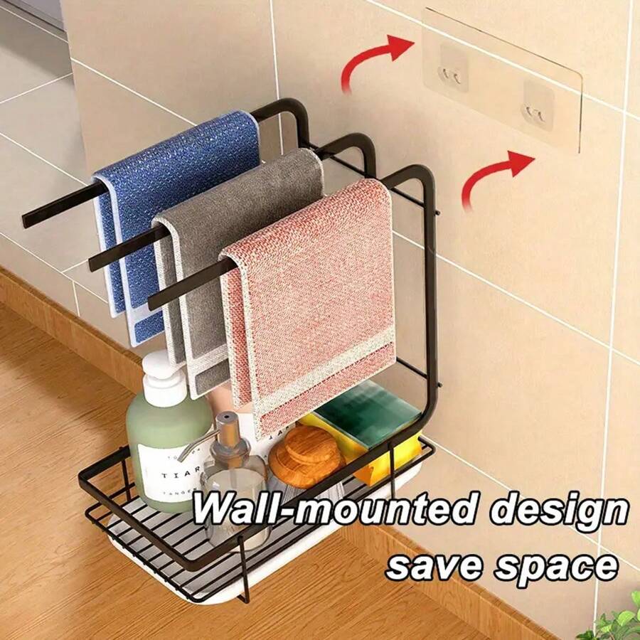 Wall-Mounted Kitchen Dishcloth Towel Rack With Drain Pan - Space-Saving ...