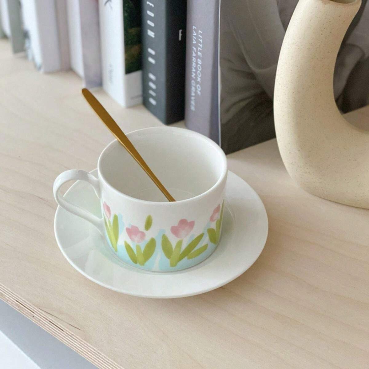 1 Set Of 250ml Tulip Coffee Cup And Saucer, Stylish Minimalist, Fresh ...
