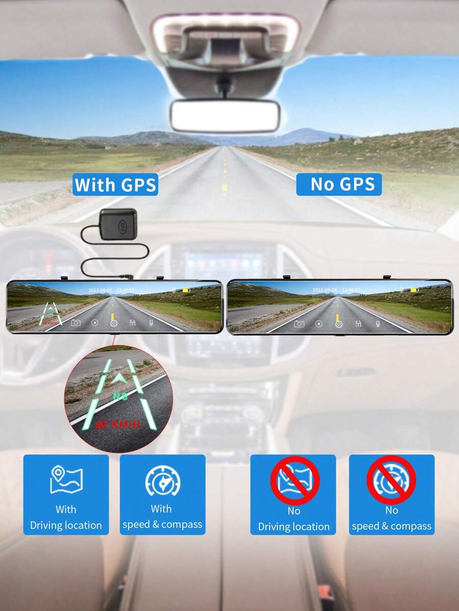 E-ACE 12 pulgadas IPS Touch Car DVR 2K Stream Medica Mirror Dash Cam ...