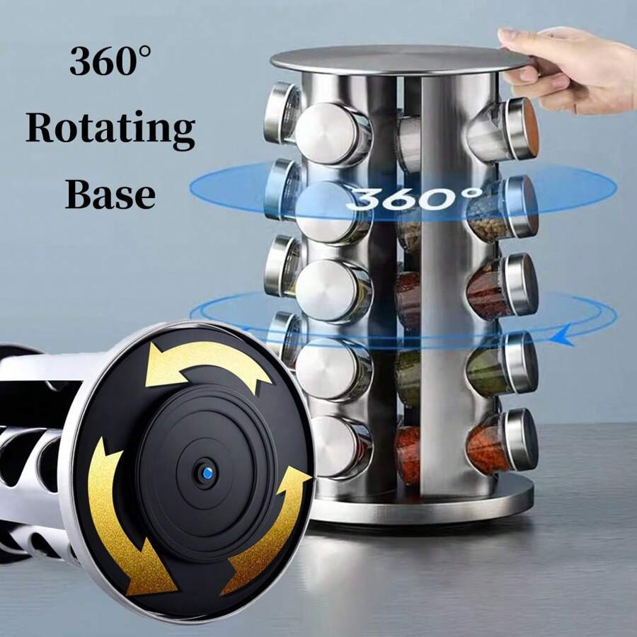 1 Set 360 Rotating Spice Rack With 8/12/16 Spice Jars, Stainless Steel ...