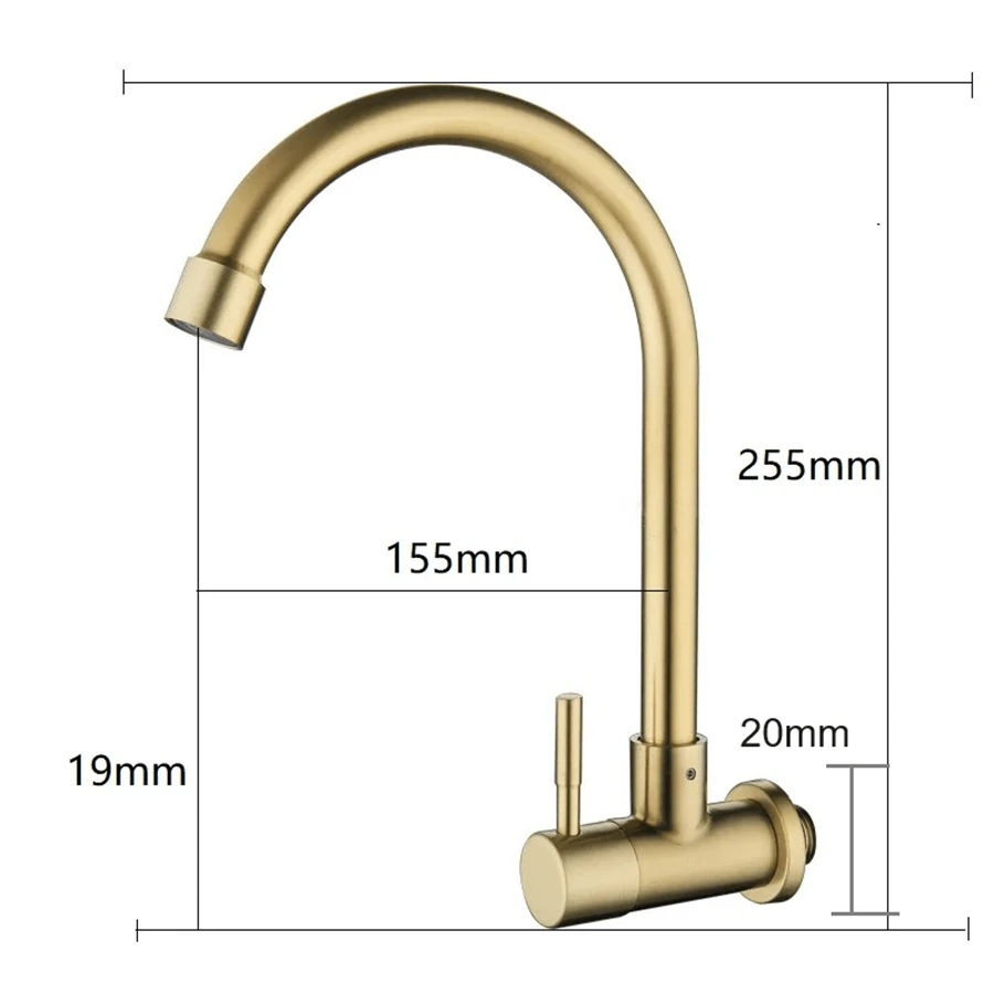 Wall Mounted Sink Cold Tap Gold Kitchen Faucet 360 Swivel Single Cold ...