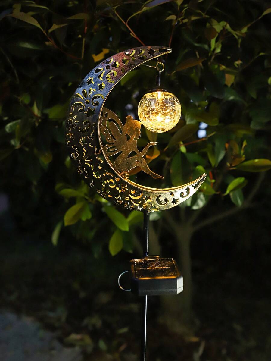 One Solar Powered Moon Angel Ground Insert Light Outdoor Garden Iron ...