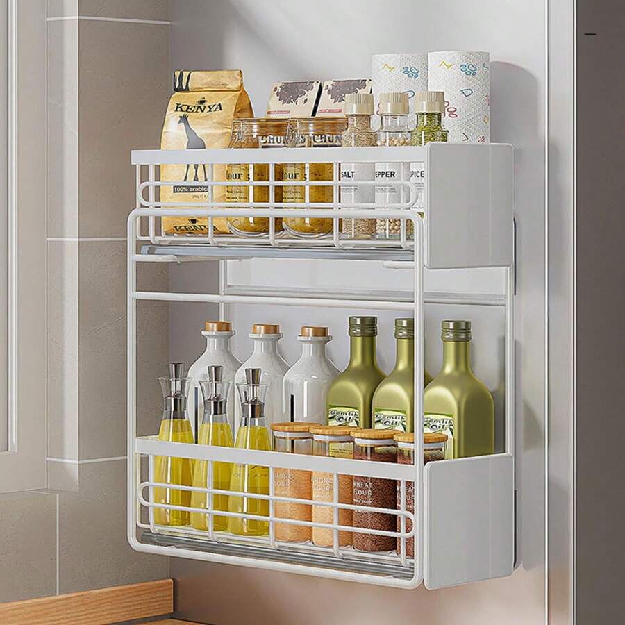 2 Tier Pullable Magnetic Refrigerator Rack,Spices Bottles Storage ...