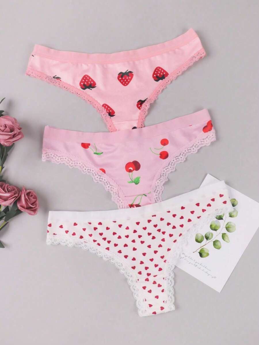 Morvia 3pcs Women Sexy Cute Contrast Lace Trim Heart And Cherry