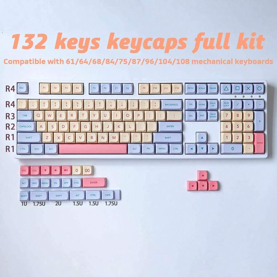PBT Keycaps 132 Keys Marshmallow Keycaps Dye-Sublimation Cute Keycaps ...