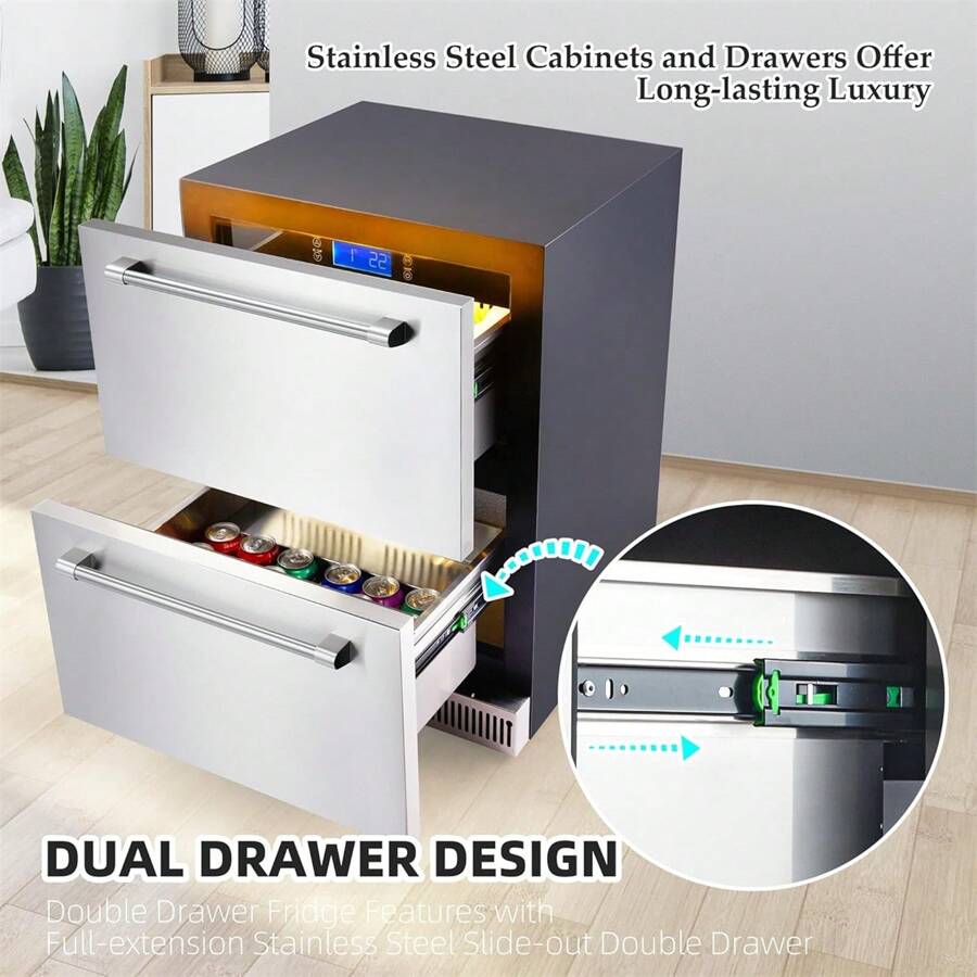 24" Outdoor Drawer Fridge, Counter Double Drawer Beverage Refrigerator ...