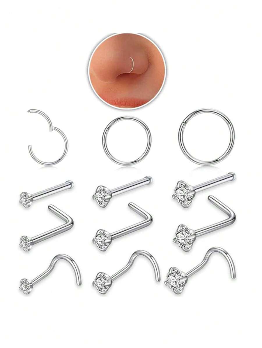 12 Pcs 20G Hypoallergenic 316L Surgical Stainless Steel Nose Rings ...
