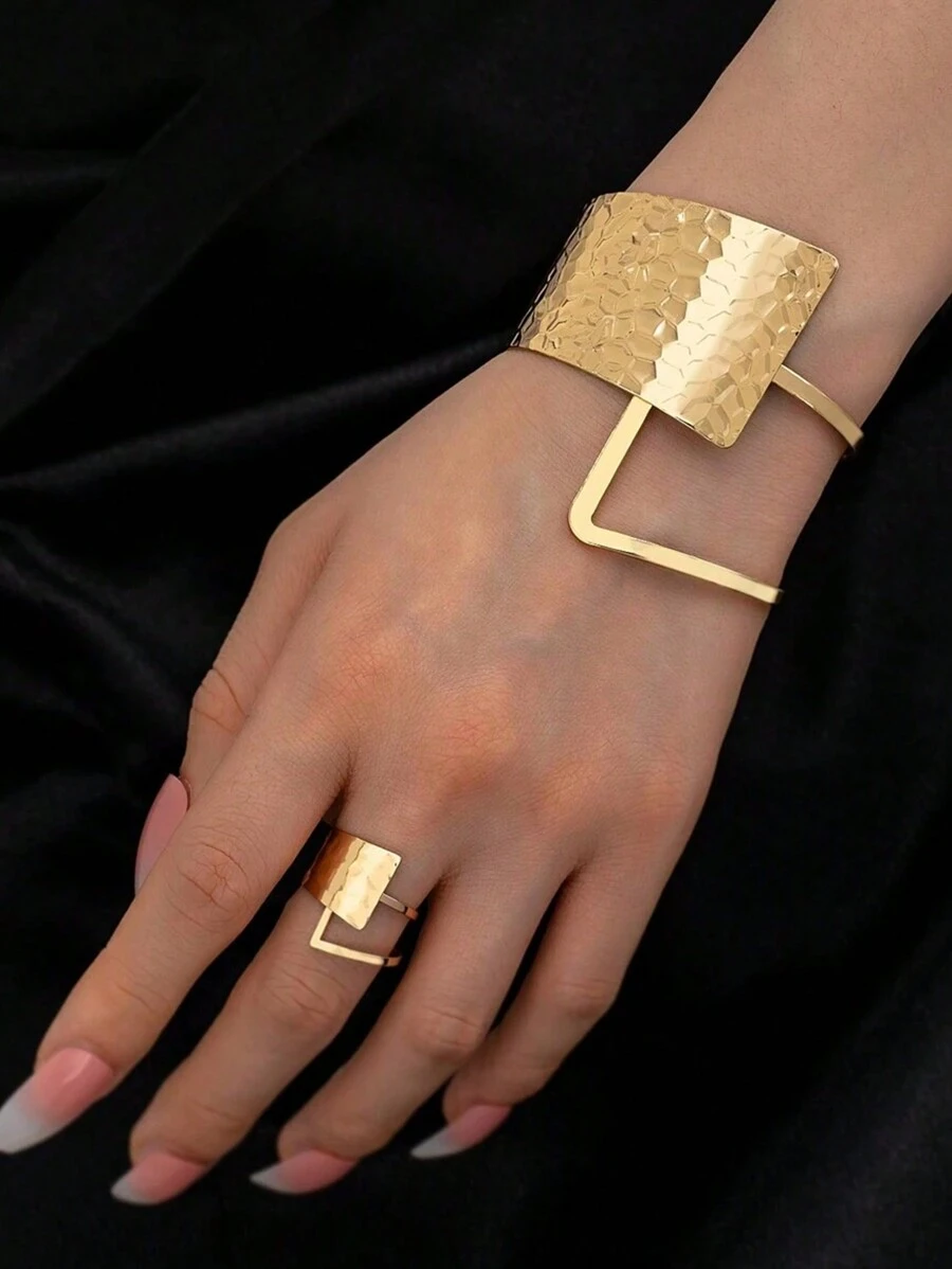 2pcs Classic And Elegant Metal Semi-Hollow Wavy Bangle Ring Set For Women, Fashionable And ...