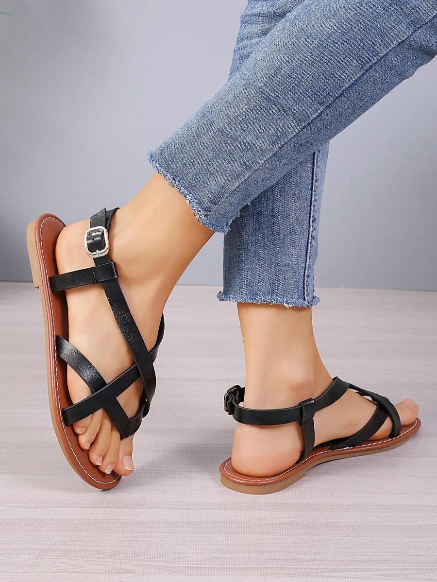 1 paire de sandales romaines grande taille pour filles, en PU, avec ...