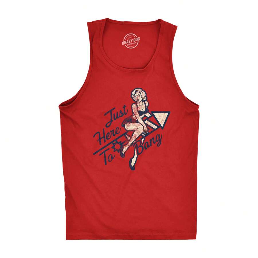 Mens Fitness Tank Just Here To Ring Tanktop Funny Firework Pin Up Model ...