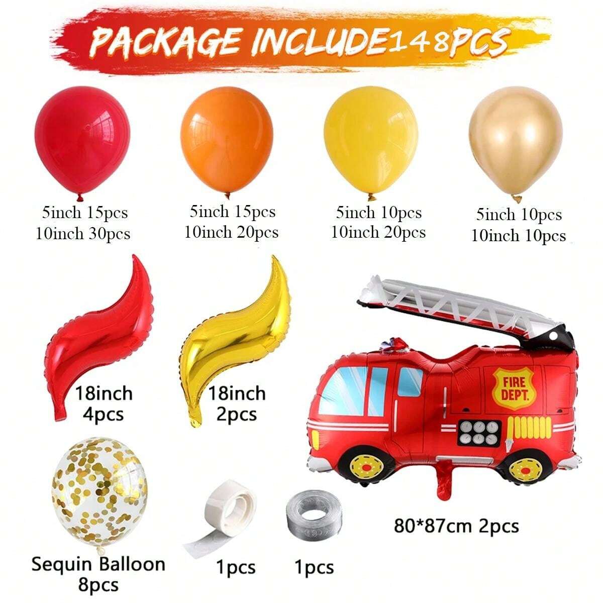 148pcs/Set Firefighter Theme Balloon Flower Arch Red Yellow Orange ...