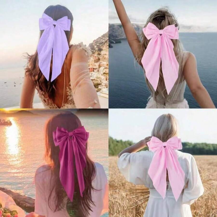 3Pcs Girls Big Hair Bows Clips, Classic Neutral Color Silky Satin Large ...