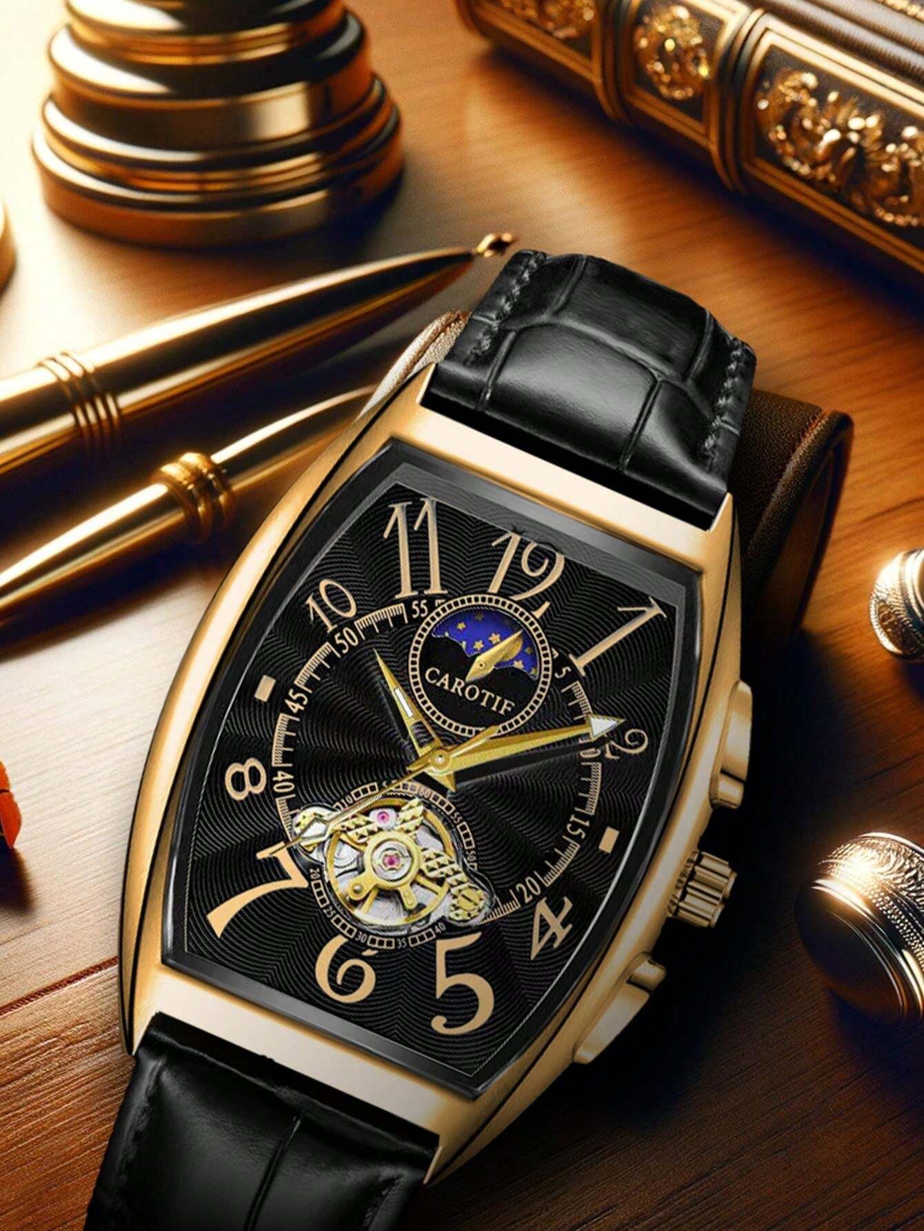 Cinturino nera per uomo, a forma di botte, orologio meccanico ...