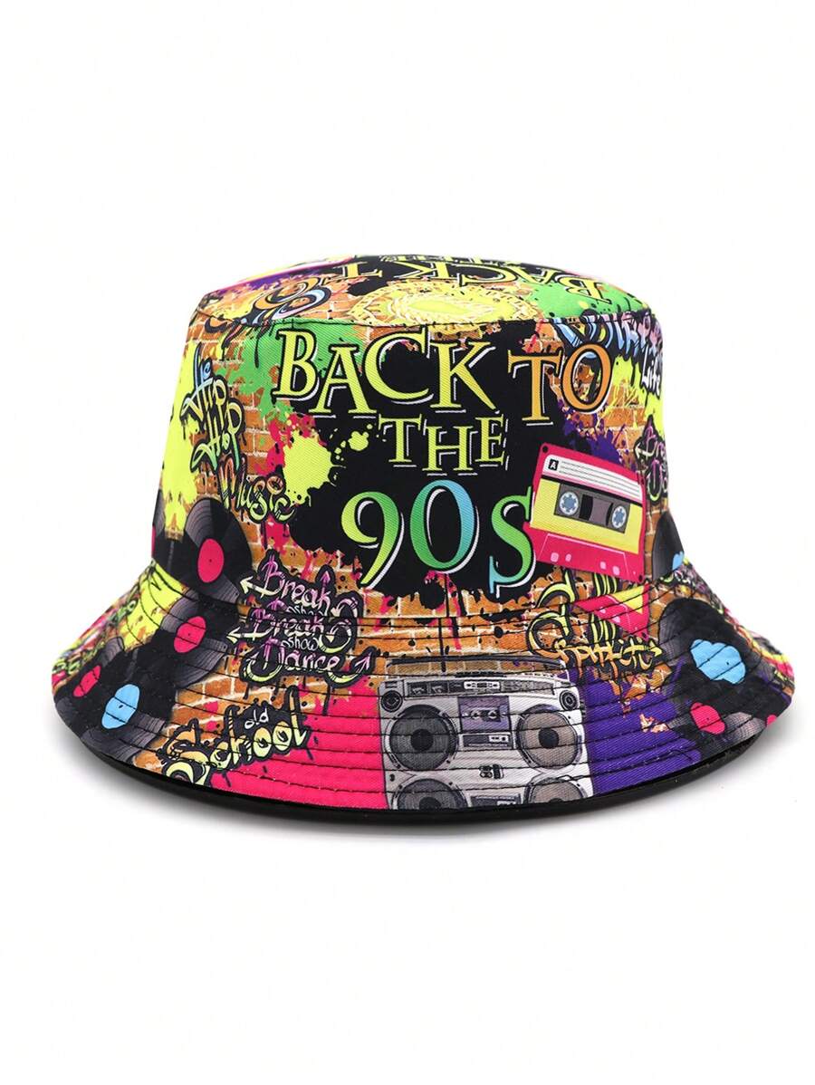 Vintage 80s-90s Graffiti Print Double-Sided Magnetic Tape Bucket Hat ...