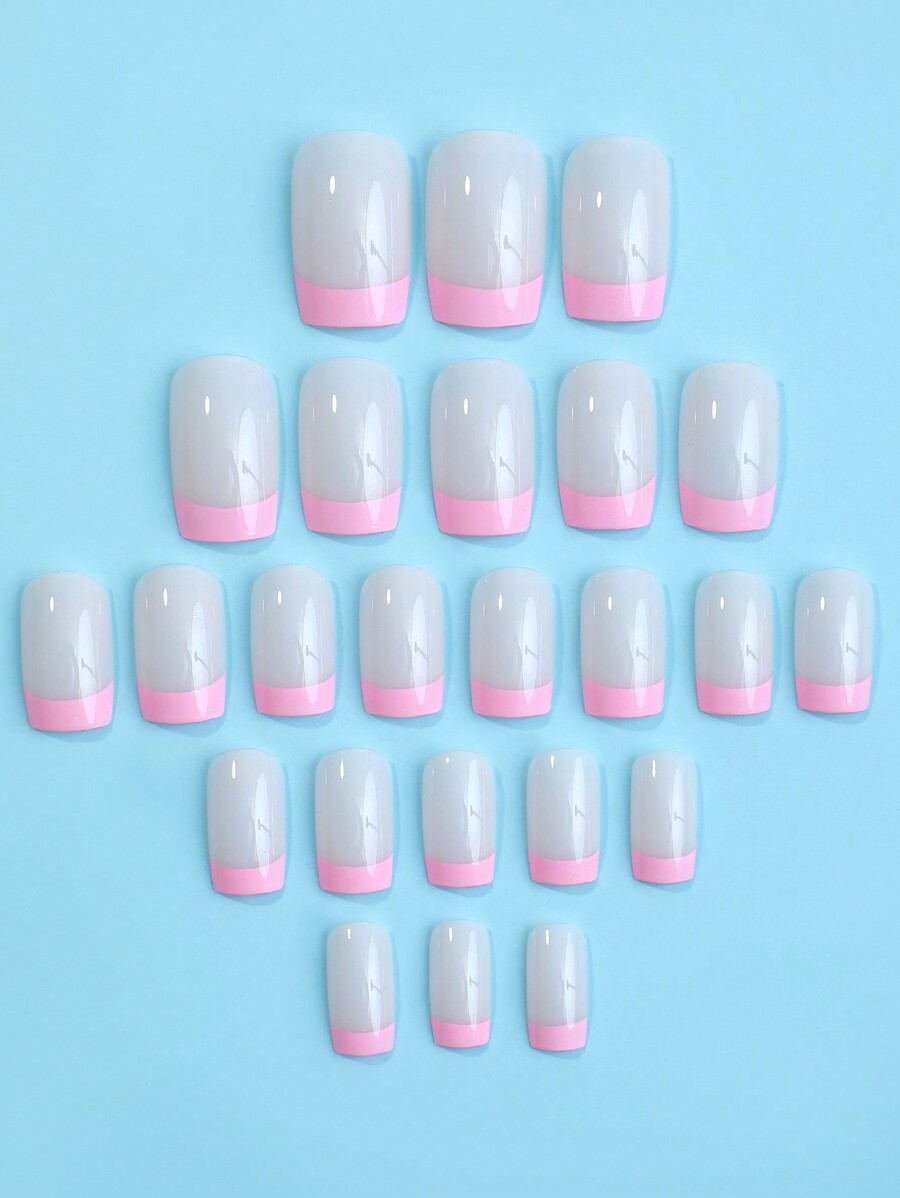 24 Short Square Pink French Border Nude Fake Nails Simple Wear Nails ...