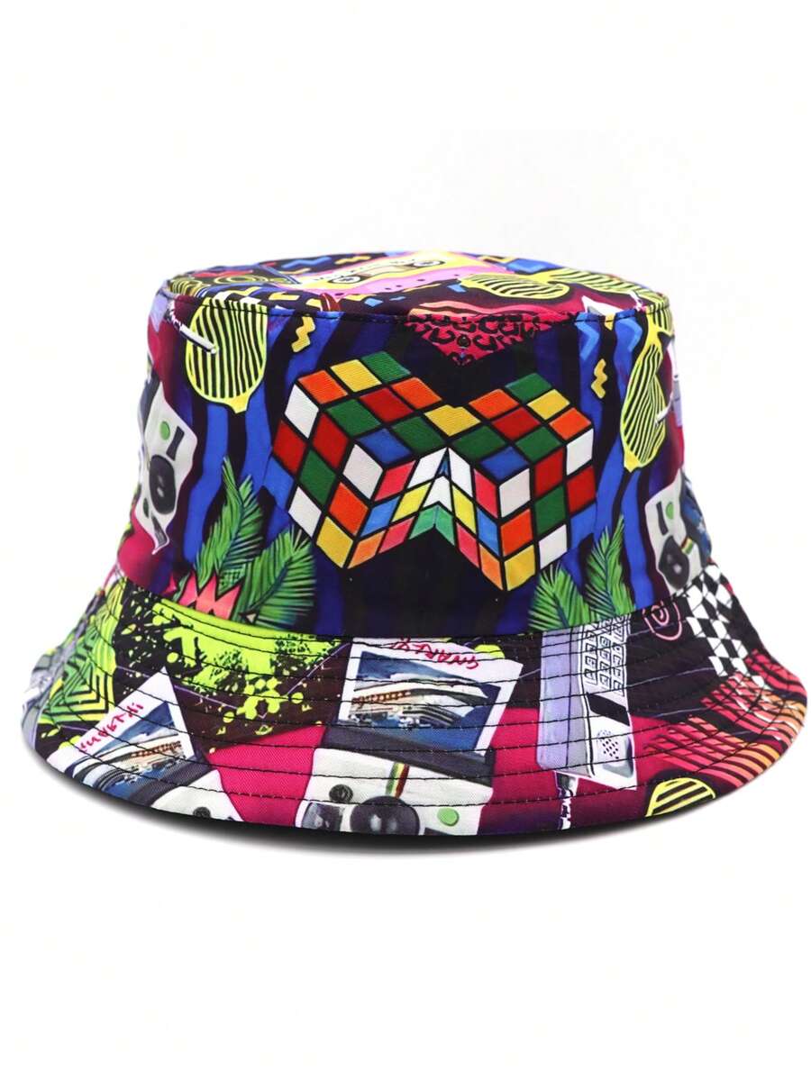 Vintage 80s-90s Graffiti Print Double-Sided Magnetic Tape Bucket Hat ...