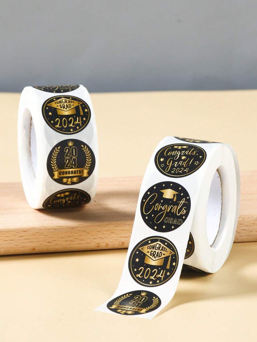 500pcs/Roll 2024 Black Gold Graduation Season Circular Stickers ...