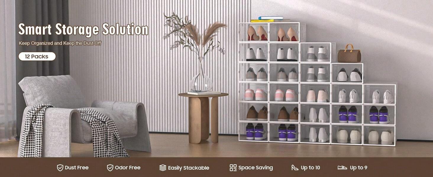 6 Pack Shoe Storage Boxes, Clear Plastic Stackable Shoe Organizer Bins ...
