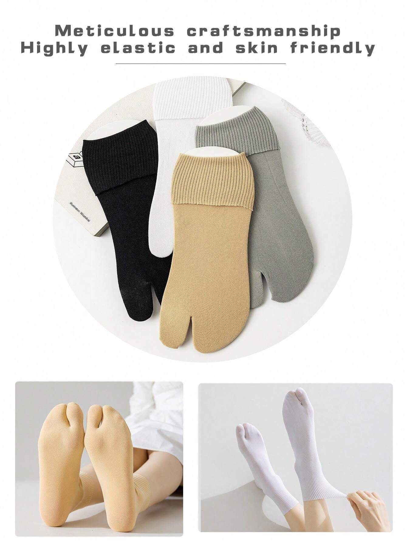 4 Pairs Women White Split Toe Socks Spring/Summer Light Breathable High ...