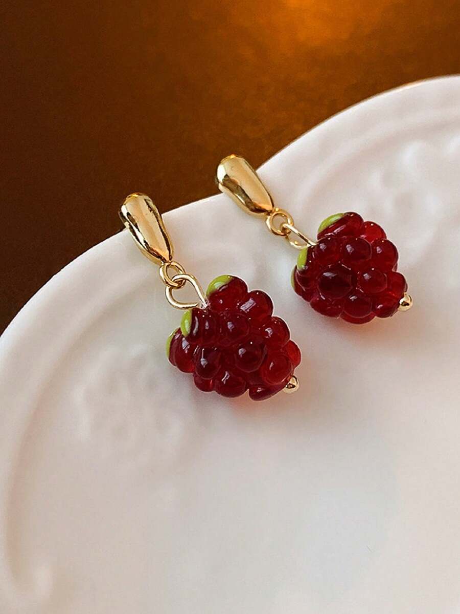 2pcs/Set Handmade Raspberry Shaped Resin Earrings, Sweet Red Berry ...