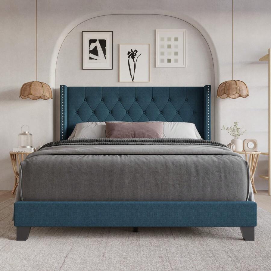 Homer Tufted Upholstered Panel Bed Frame With Wingback Headboard ...