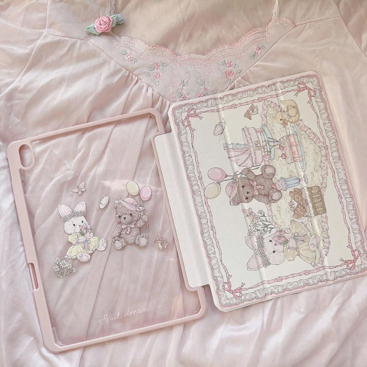 Apple Pink Plush Doll Teddy Bear And Bunny 2-In-1 Triple Fold Tablet ...