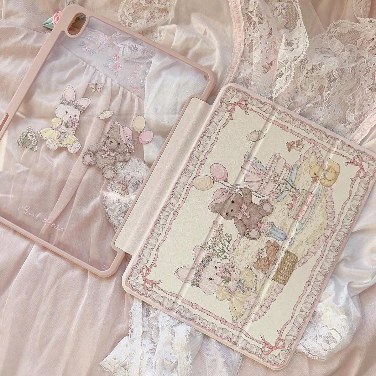 Apple Pink Plush Doll Teddy Bear And Bunny 2-In-1 Triple Fold Tablet ...