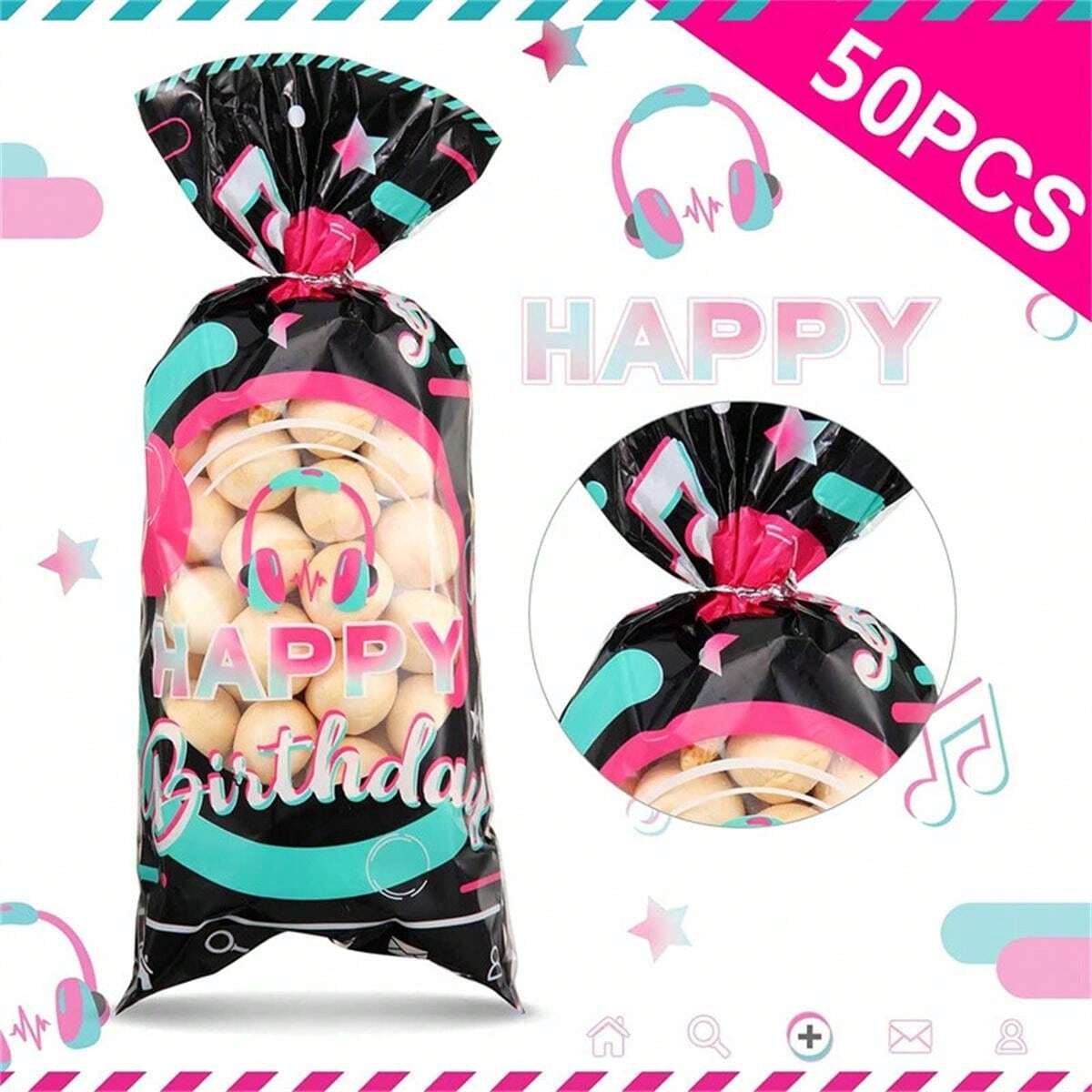50 Pieces Music Party Cellophane Treat Bags, Black Pink Blue Happy ...