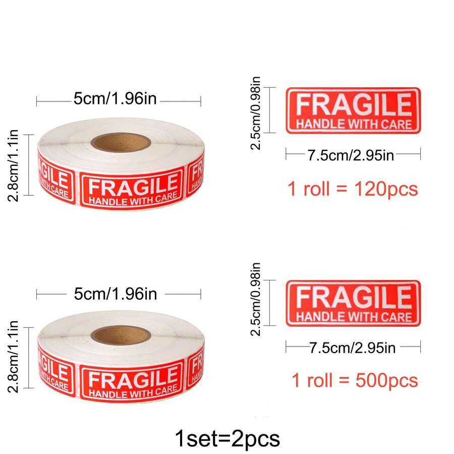 2 Rolls Rectangle Red Fragile Stickers FRAGILE Handle With Care Warning ...