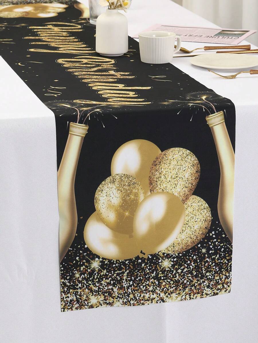 1Pc Black Gold Birthday Polyester Tablecloth Table Runner, Table Runner ...