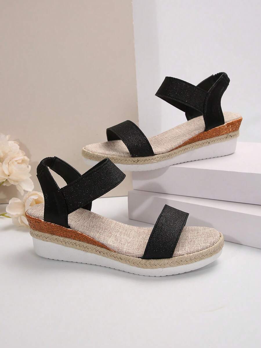 Women Gold Wedge Heel Sandals With Open-Toe, Elastic Strap, And Roman ...