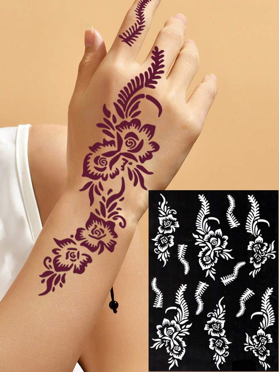 1 Sheet Henna Stencil, Flower Deisgn Temporary Tattoo Stencil For Hand ...