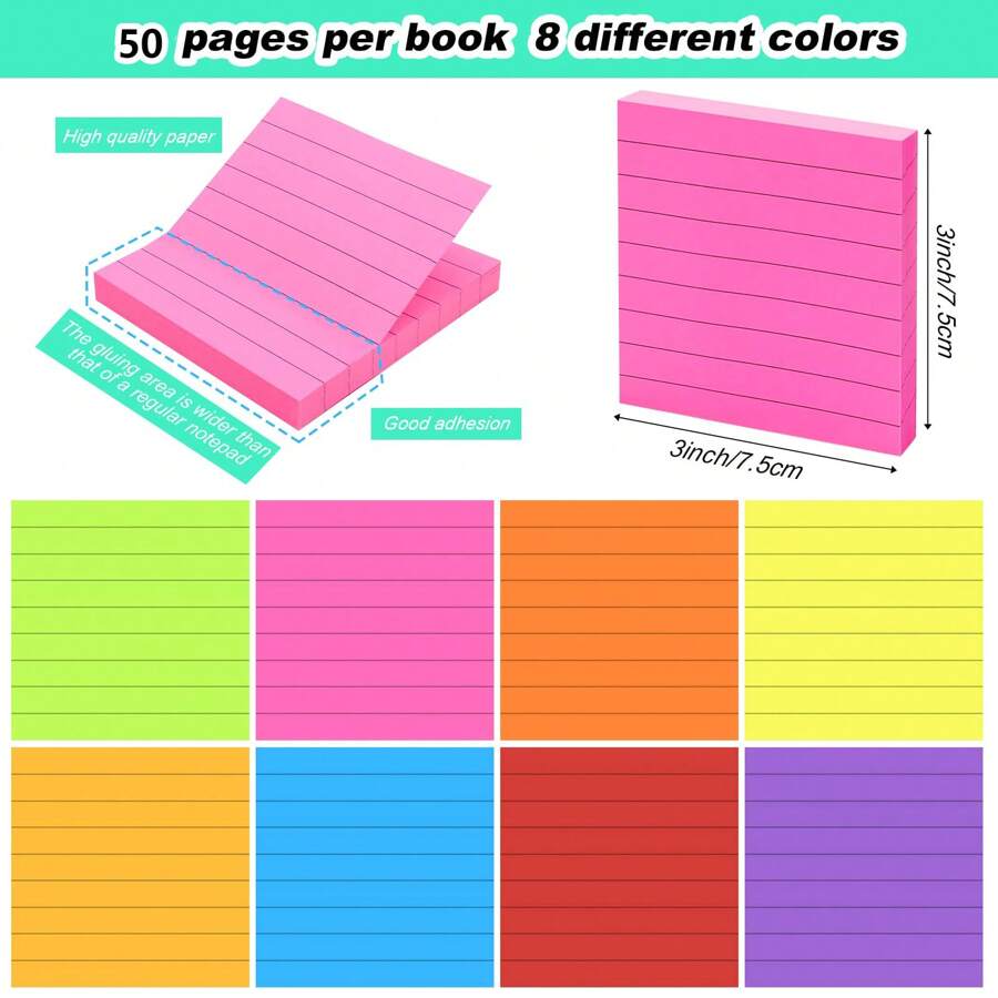 8 Packs Pop Up Lined Sticky Notes 3x3,Self Stick Notes With Lines 50 ...