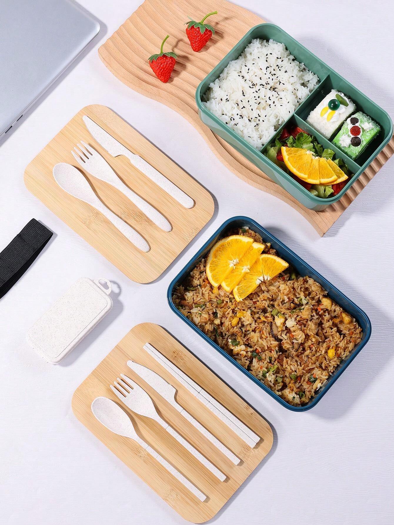 One Piece Bento Box With Cutlery, Wooden Lid, And Divided Compartments ...