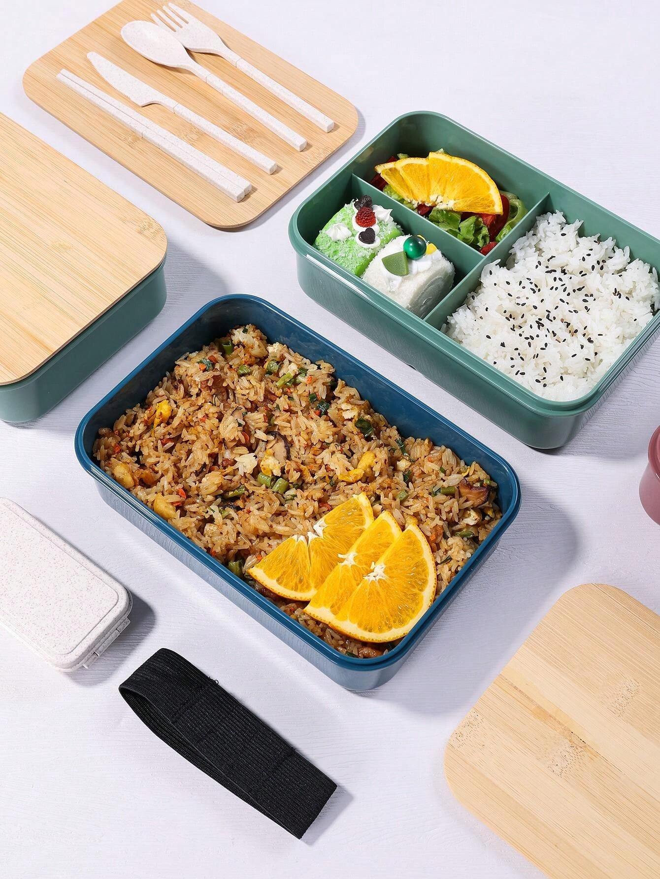 One Piece Bento Box With Cutlery, Wooden Lid, And Divided Compartments ...