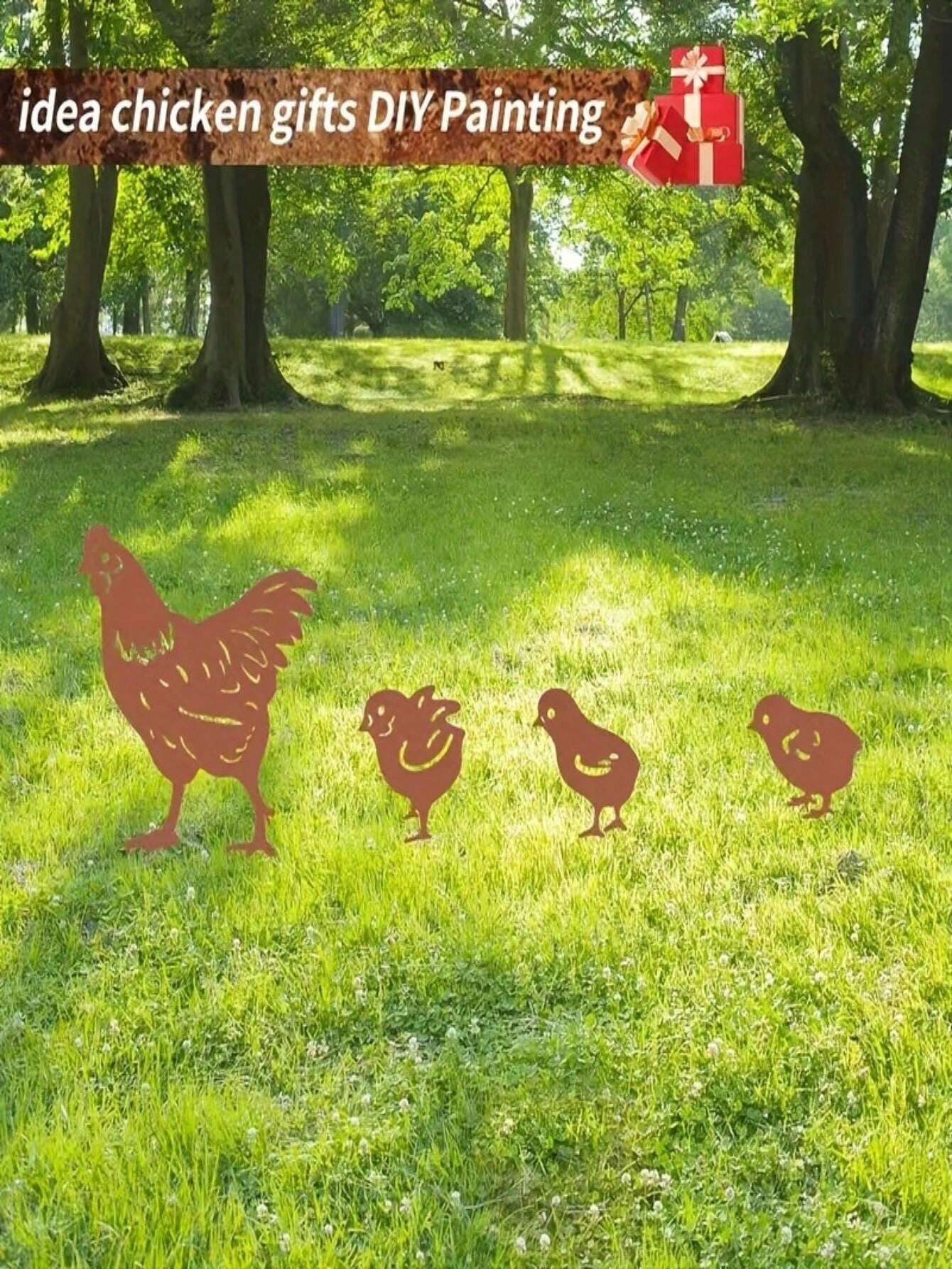 4pcs Chicken Farm Art Metal Decoration Garden Stake Mother Hen And ...