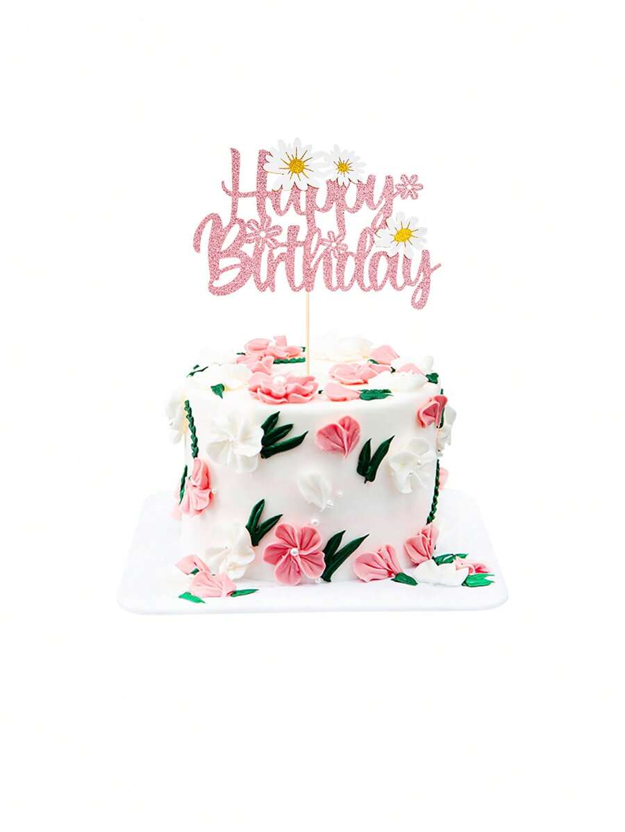 1 Pc Daisy Flower Happy Birthday Cake Topper, Pink Dasiy Flowers Cake ...