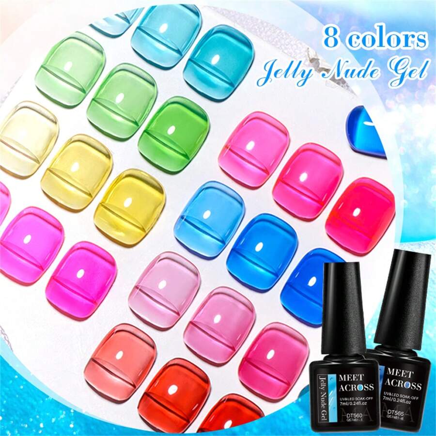 8Pcs Crystal Jelly Glass Gel Nail Polish Set 7Ml Translucent Blue Pink ...