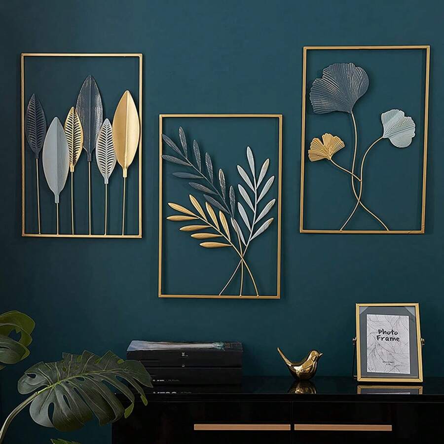 3 piezas Decoración de pared de metal dorado en forma de hojas de árbol, arte de pared 3D ...