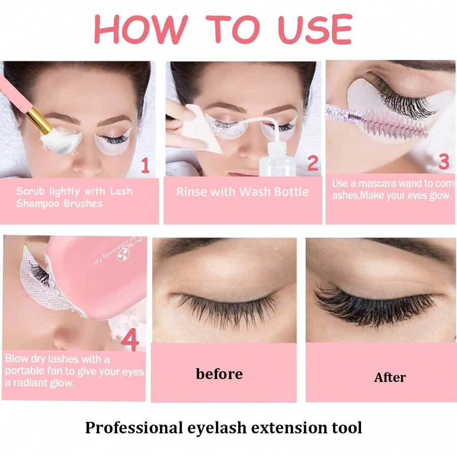 Eyelash Cleaning Kit, USB Mini Portable Lash Fan With Lash Shampoo ...