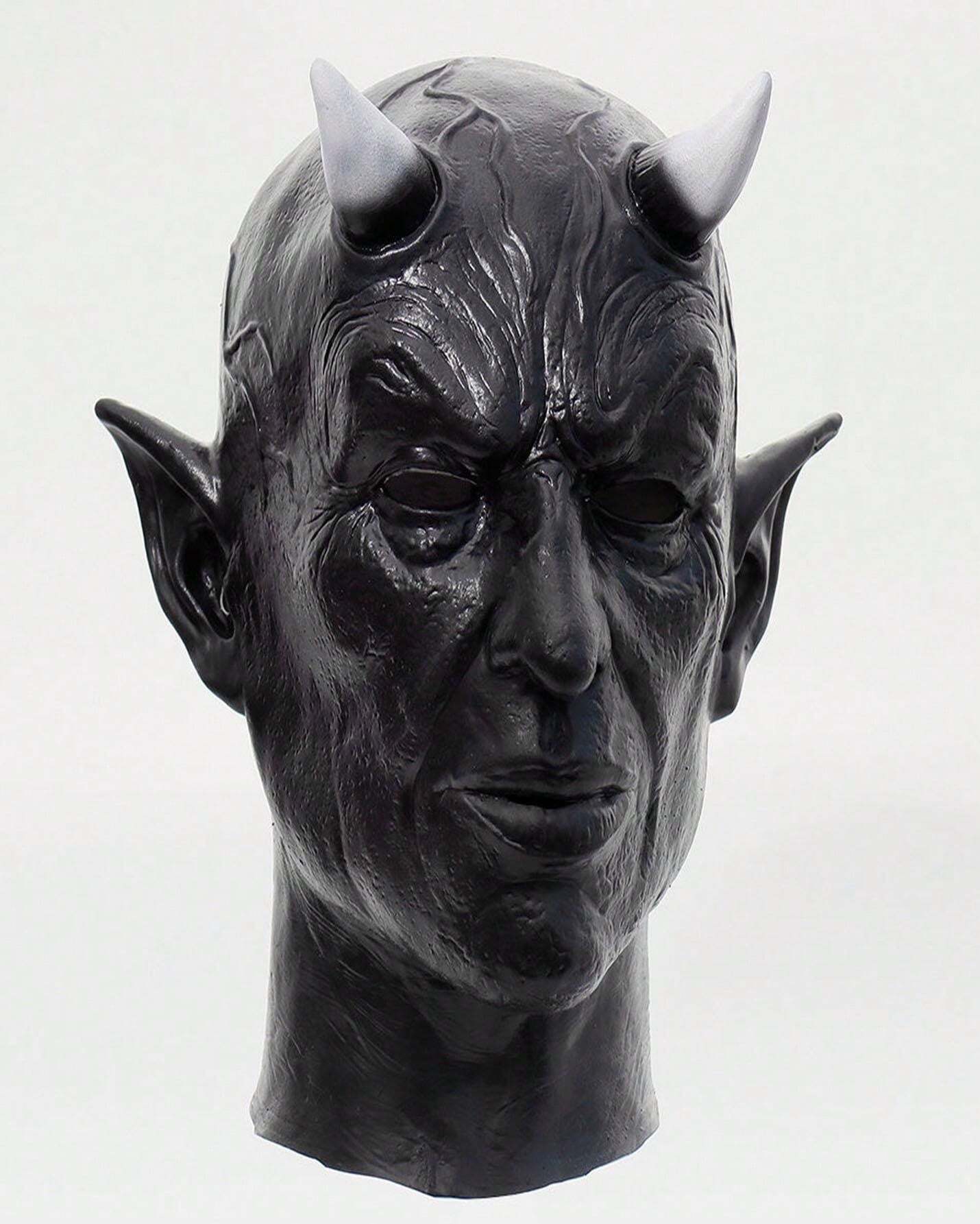 New Black Latex Full Head Devil Mask With Horns For Haunted House ...