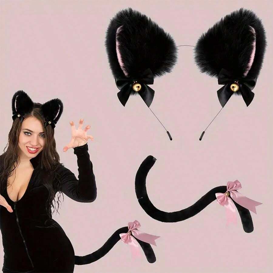 Cat Ear And Tail Set, Fluffy Cat Ear Headband And Tail For Women ...