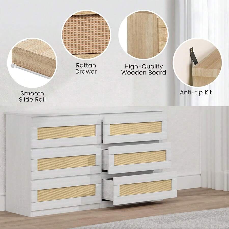 6-Drawer Rattan Dresser - Wide Chest Of Drawers With Anti-Tip Kit ...