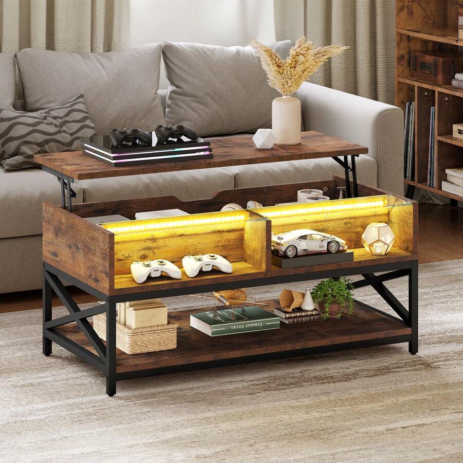 YITAHOME Lift Top LED Coffee Table With Hidden Compartment And Storage ...