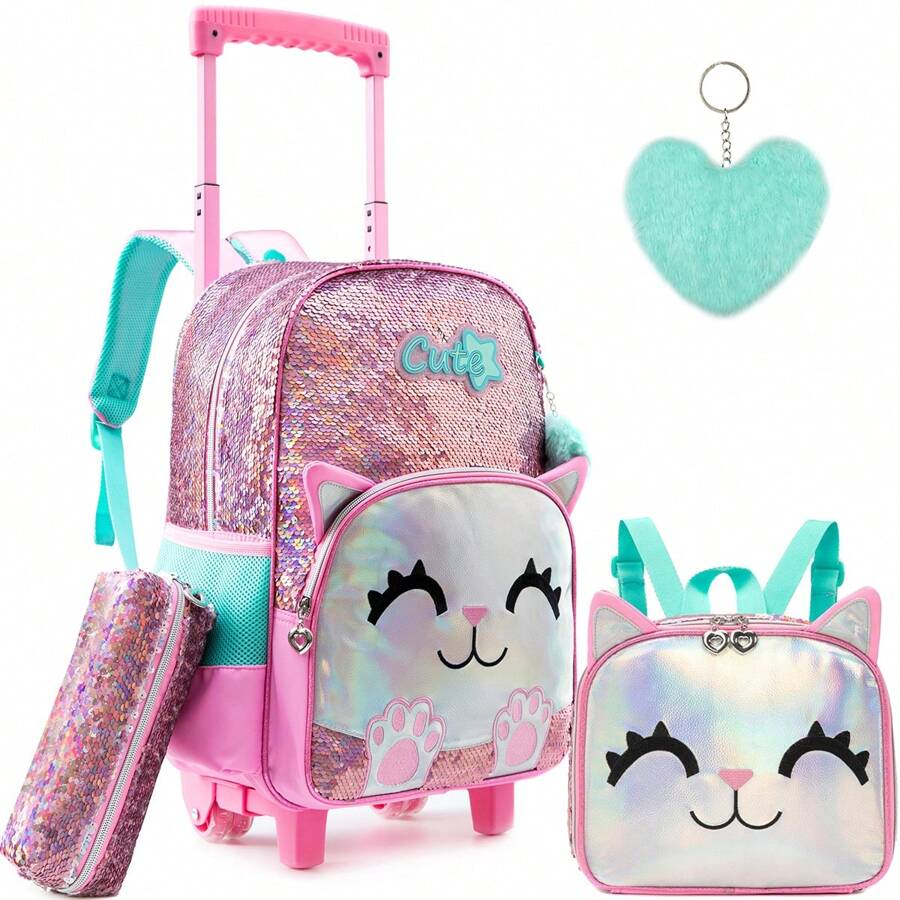 Rolling Backpack For Girls Multi Pocket Mermaid Leather Trolley Bag ...