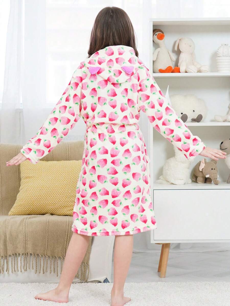 Tween Girl Strawberry Pattern Long Sleeve Hooded Bathrobe With Cute Cat ...