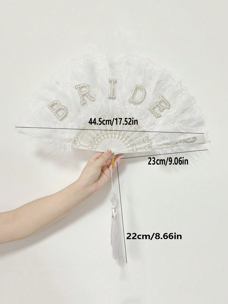 1PC White Feather Bride Fan Bride Pearl & English Letter Decor White ...