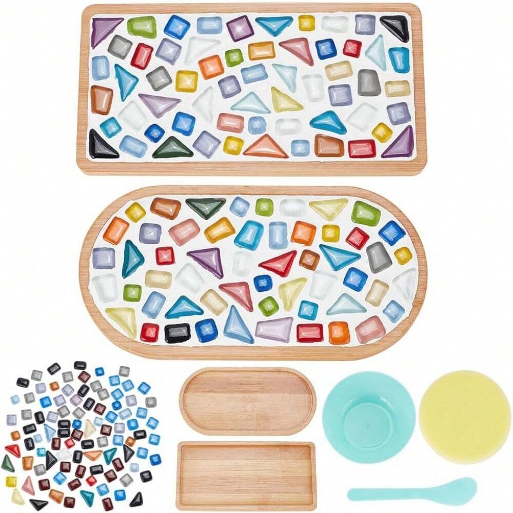 2 Sets DIY Mosaic Coaster Kit With Glass Mosaic Tiles Bamboo Coaster ...